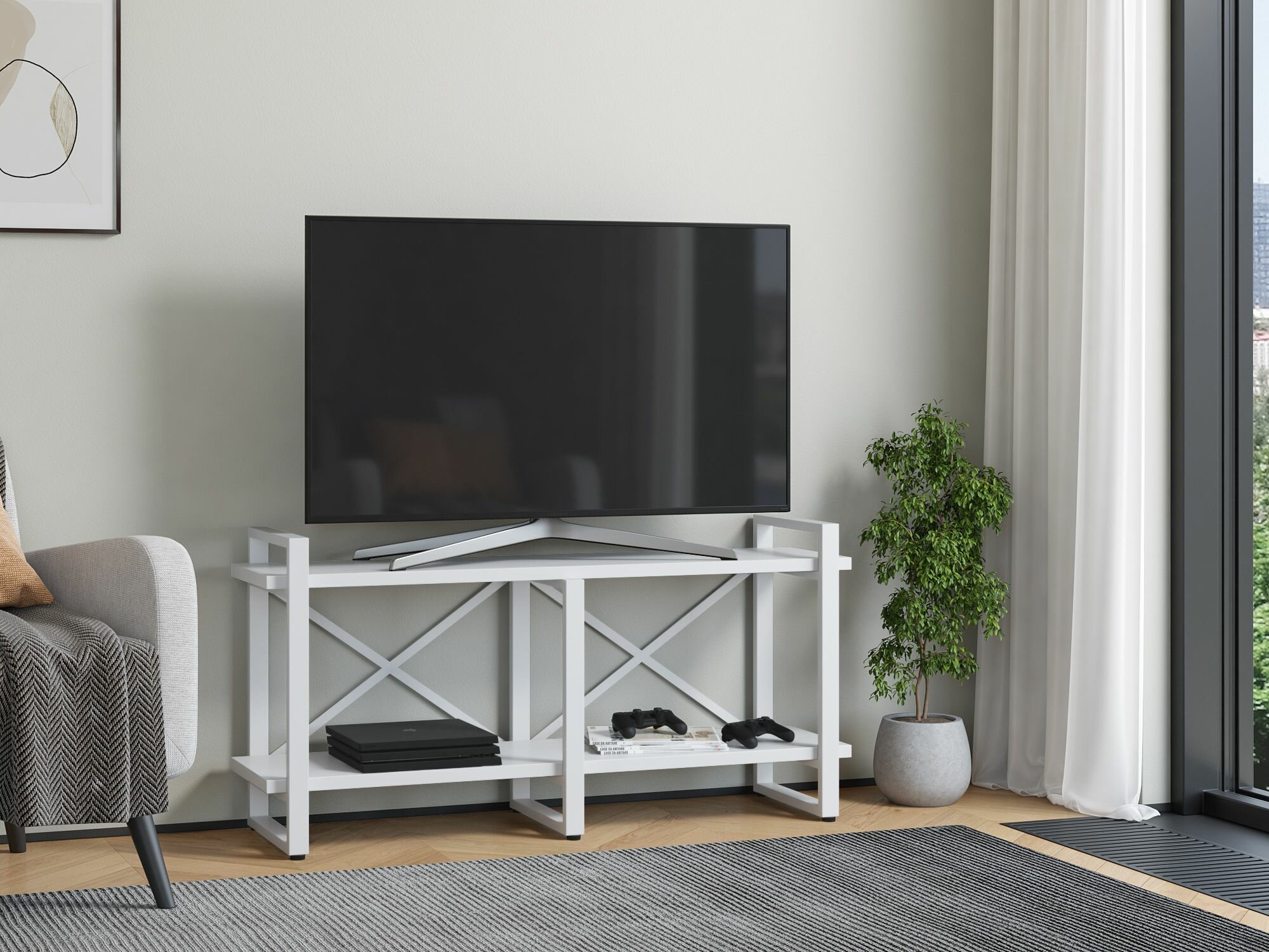 Тумба под ТВ Айсберг Лофт 120 с полками белый/белый