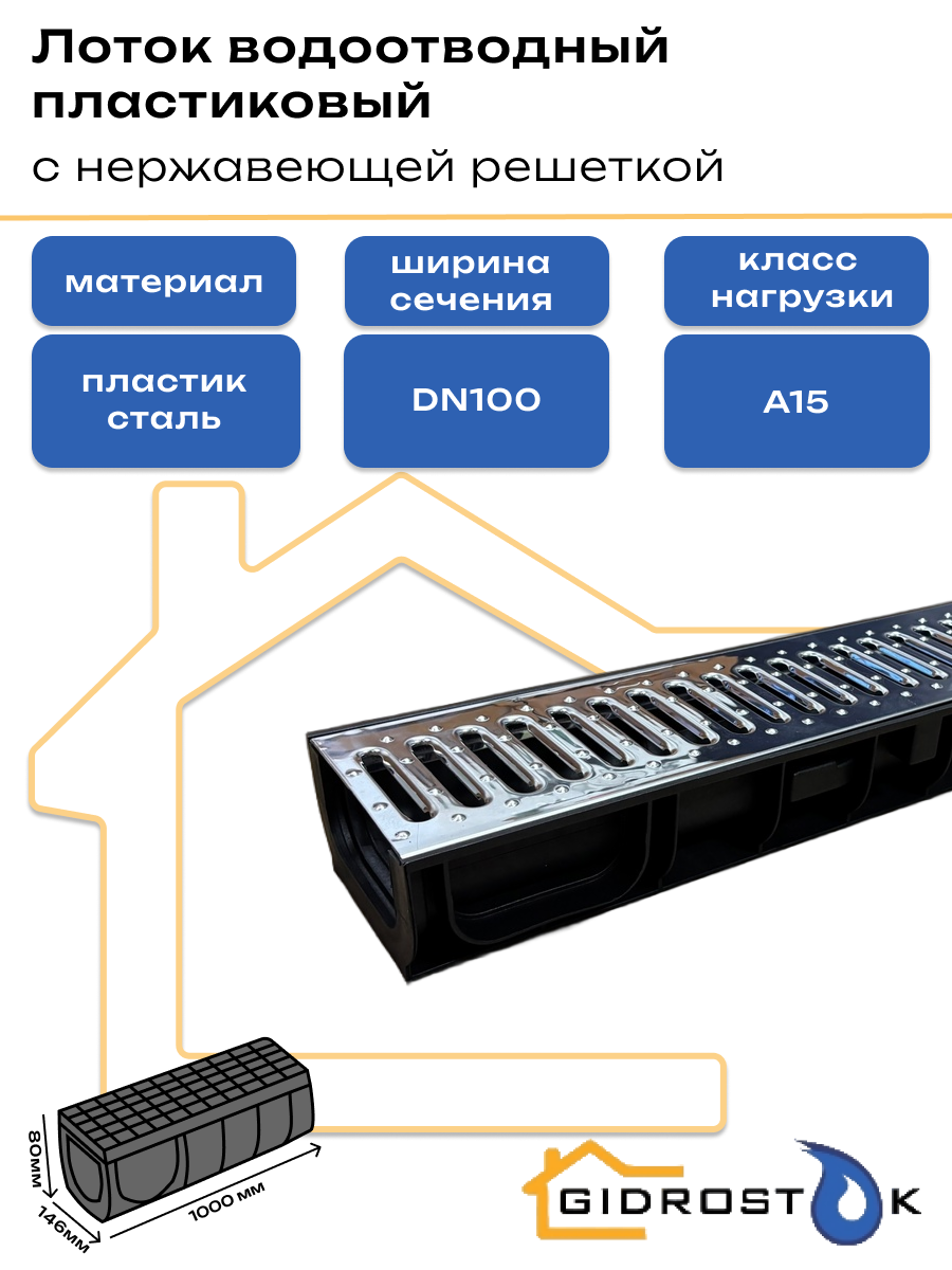 Лоток пластиковый DN100 H80 мм с нержавеющей решеткой класс A15