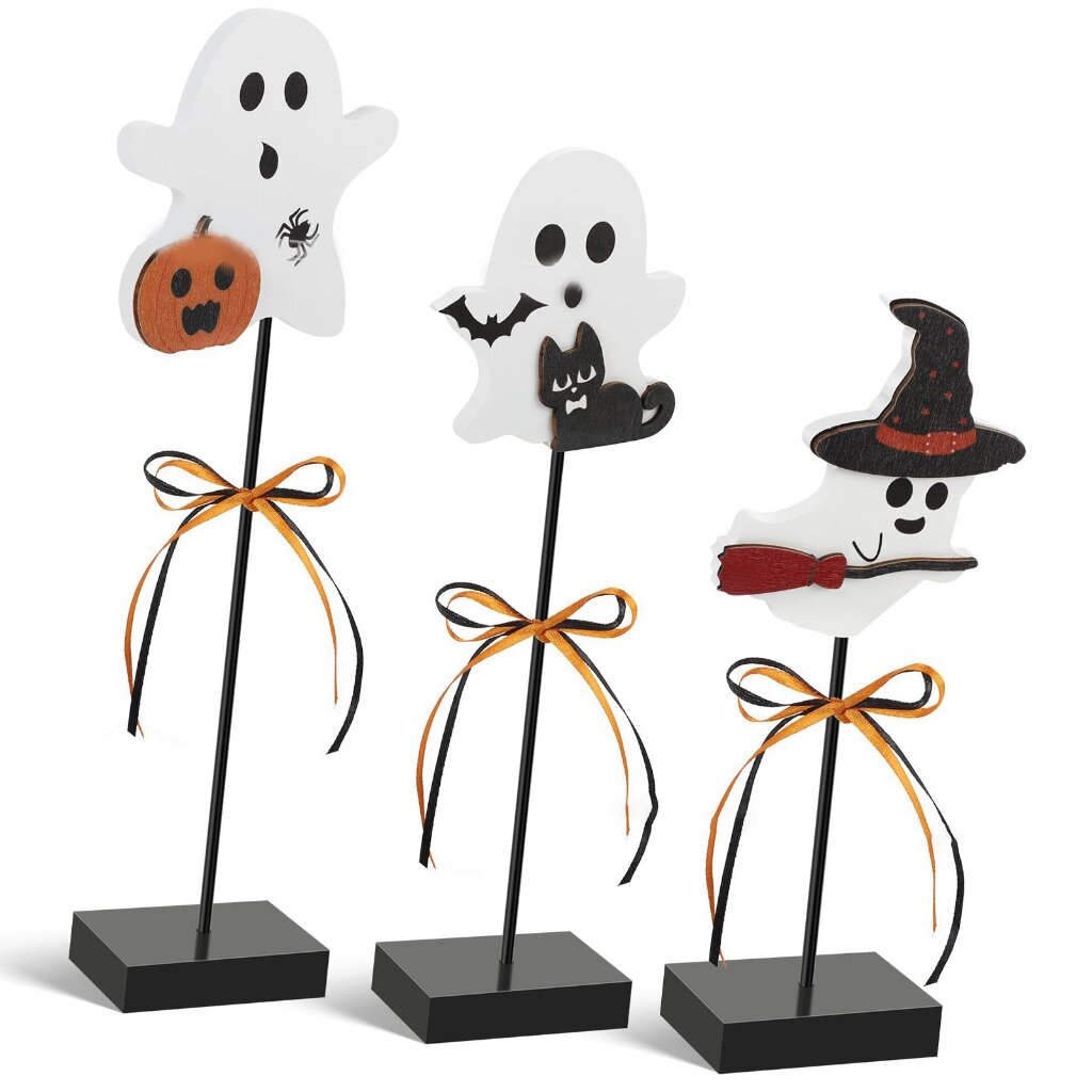 Набор из 3 декораций из дерева и призраков на Хэллоуин, Настольное украшение в духе Хэллоуина, деревянные фигурки призраков, выполненные из дерева, дисплей