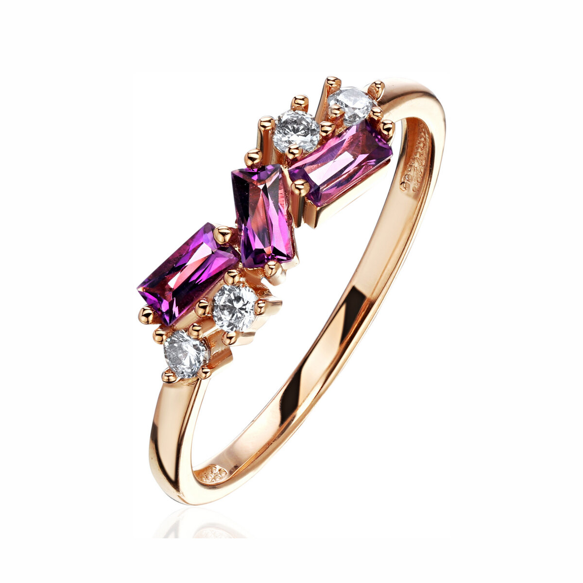 Кольцо, красное золото, 585 проба, аметист, фианит