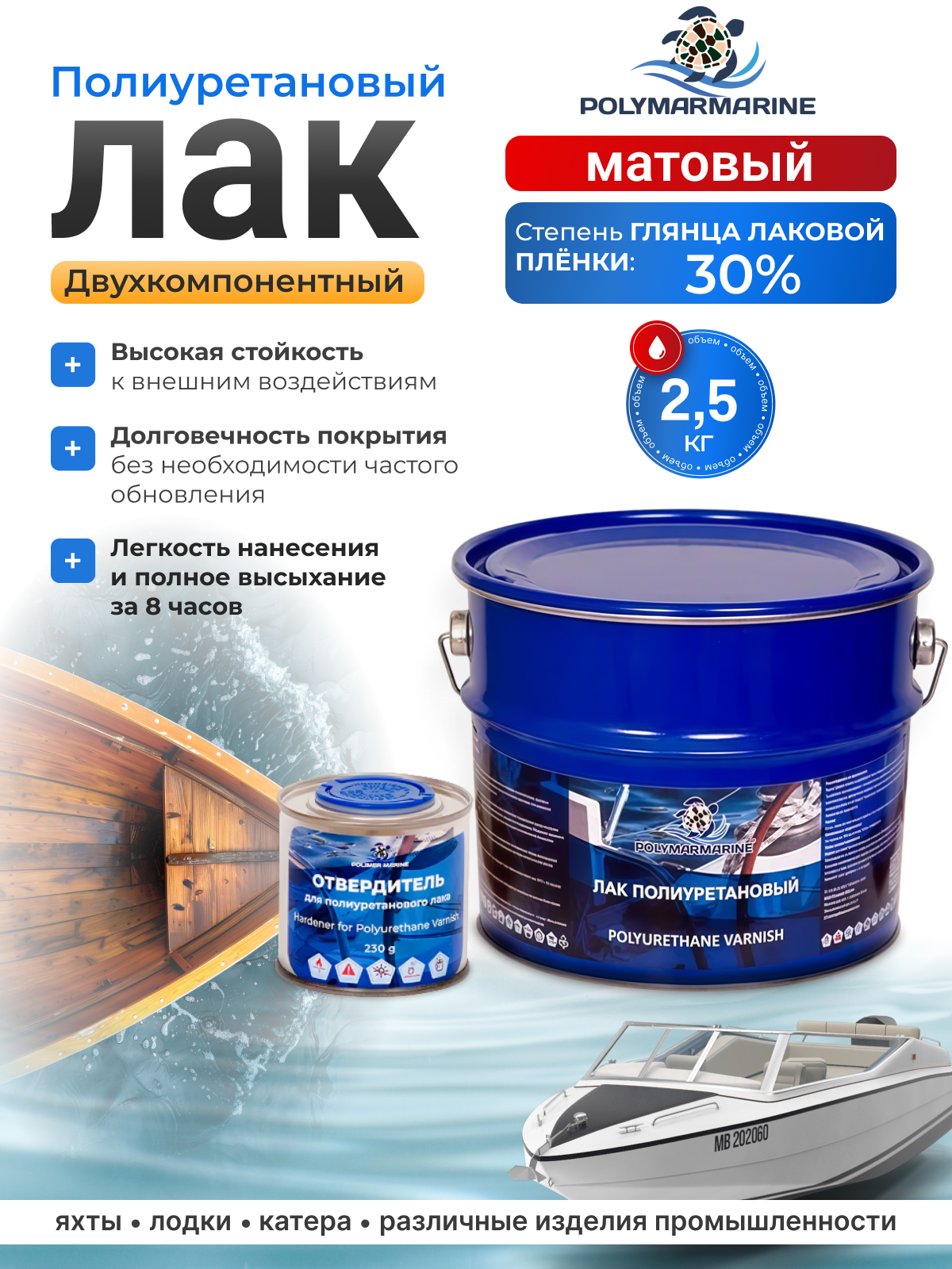 Полиуретановый лак матовый для мебели и металлоконструкций Polimer Marine 2.5 кг