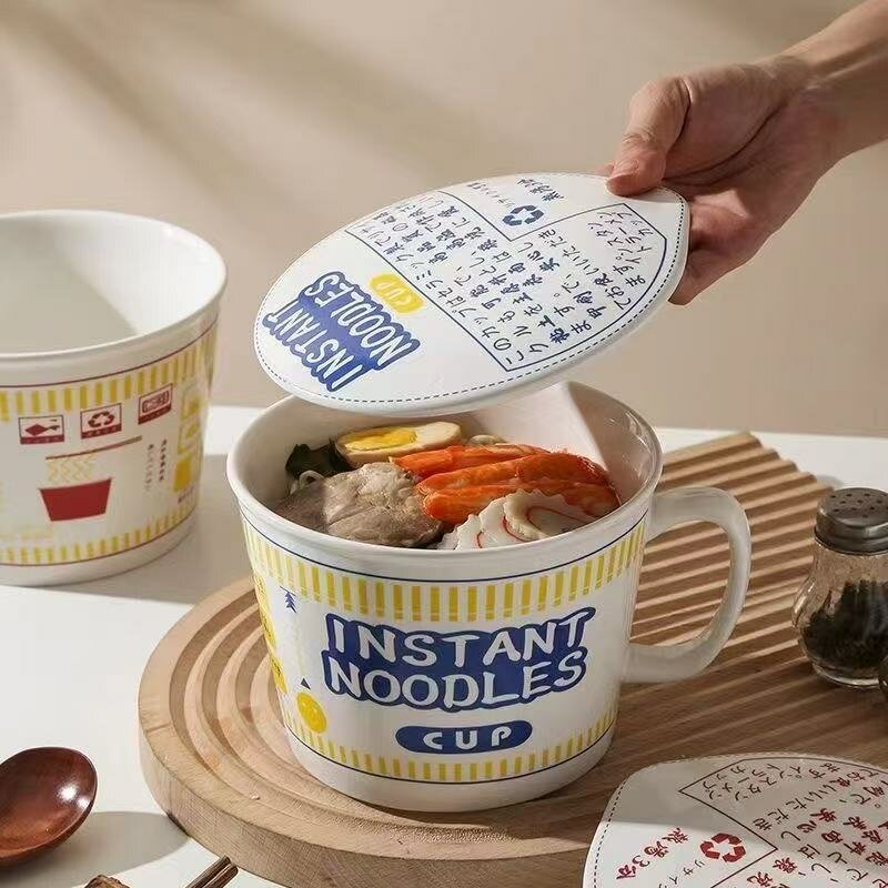 Большая миска для лапши быстрого приготовления с крышкой, мультяшная.