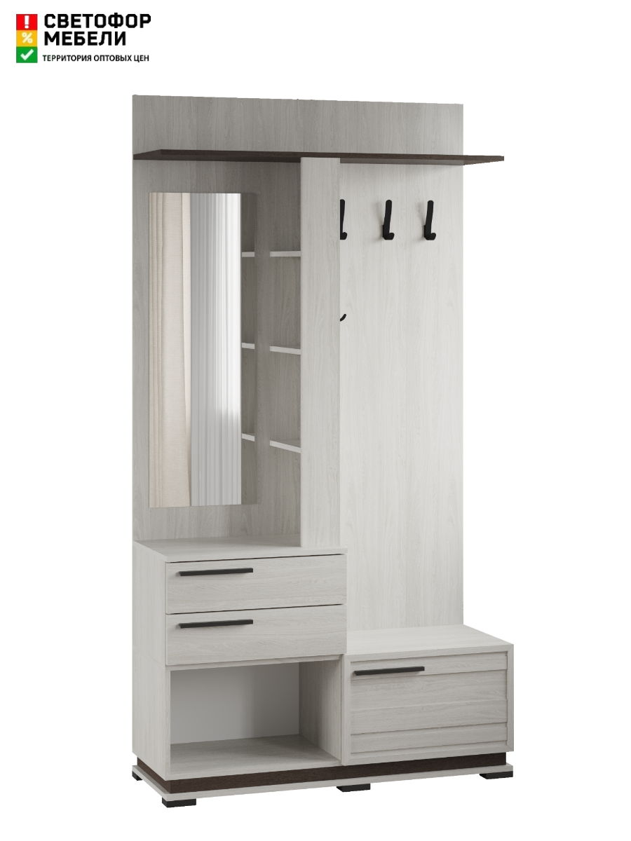 Прихожая Модена МЦС 30 Ясень анкор светлый/Венге ЛДСП/МДФ с зеркалом, ящиками, вешалкой, для прихожей 1104х2100х400 домани
