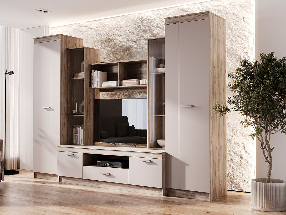 Стенка в гостиную Атлантида 6, в цвете Кашемир, Дуб Крафт серый