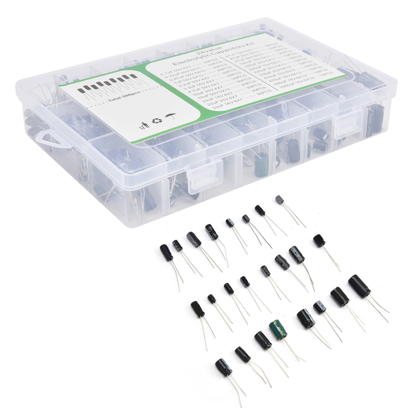 500 шт. электролитический конденсатор 0,1 мкФ‑1000 мкФ, легко переносимый разнообразный конденсатор в упаковке для радио с ЖК-монитором