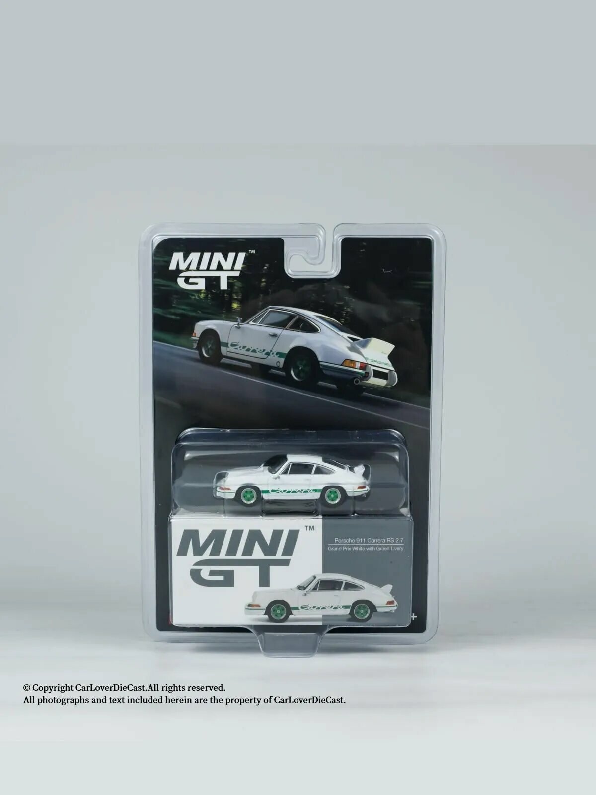 Машинка TSM MINI GT 1/64 #801 Porsche 911 Carrera RS 2.7 Grand Prix White with Green Livery Blister Packaging Die-cast Alloy Car Model Collection Display Gift