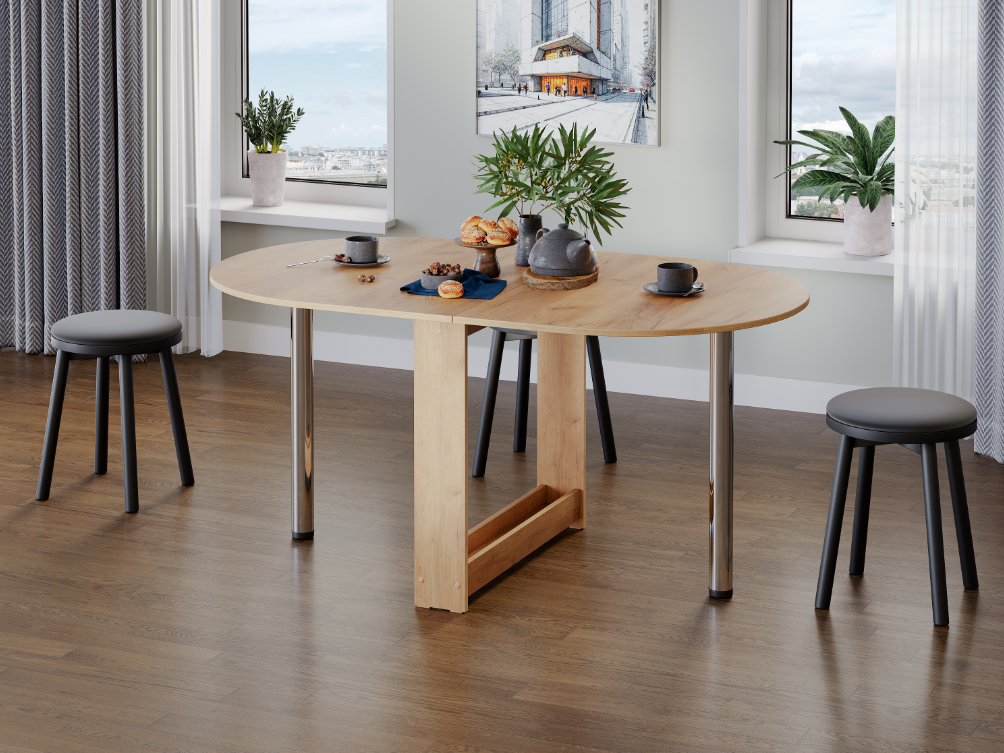 Стол раскладной, BUDUNOV GROUP, Рейн тип 1, Дуб Крафт Золотой, стол обеденный, 155х90х73 см.