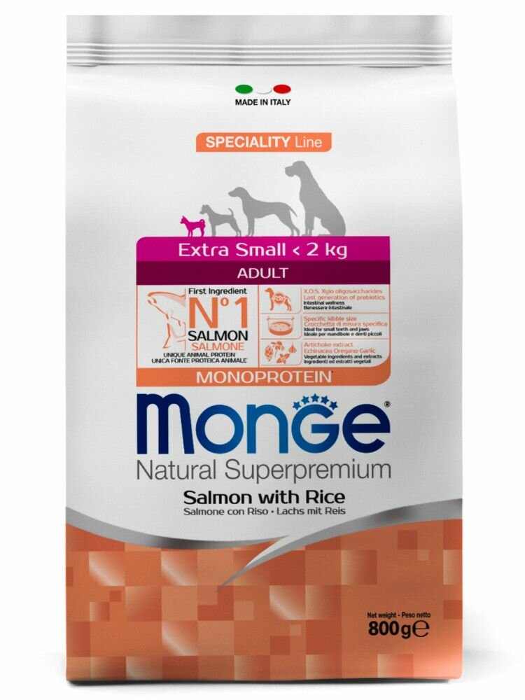 Сухой корм Monge Dog Speciality Line Monoprotein Extra Small для собак миниатюрных пород, с лососем с рисом, 800 г
