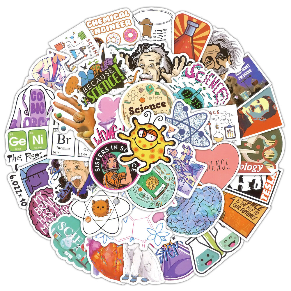 50 шт. наклеек с элементами науки, забавные виниловые наклейки с мультяшными персонажами для химии, физики, химических уравнений и лабораторного оборудования, водонепроницаемые наклейки для ноутбука, бутылки с водой, чехла для телефона, альбома для в
