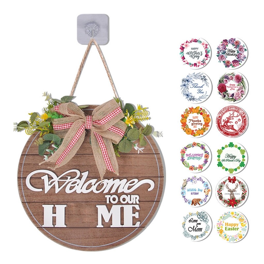 Аксессуар для Пасхи, Сменный деревянный знак Цветочный венок с 12 сезонными праздничными элементами Орнамент Пасха Рождество Парадная дверь Крыльцо Деревенская подвесная табличка Украшение фермерского дома