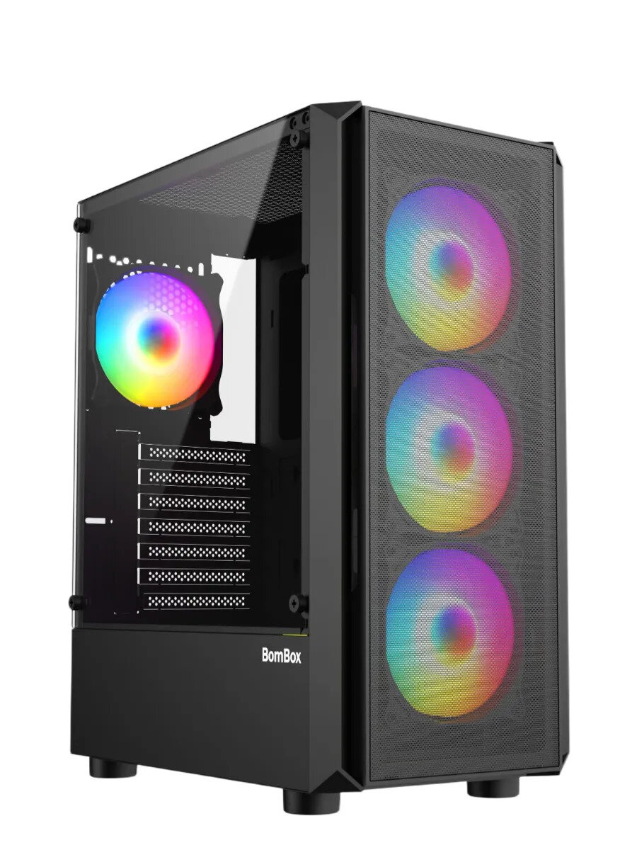 Корпус компьютерный BomBox (R-21F/G330 ARGB) Black без БП, 4*ARGB fan, 1*USB3.0 + 2*USB2.0, закален