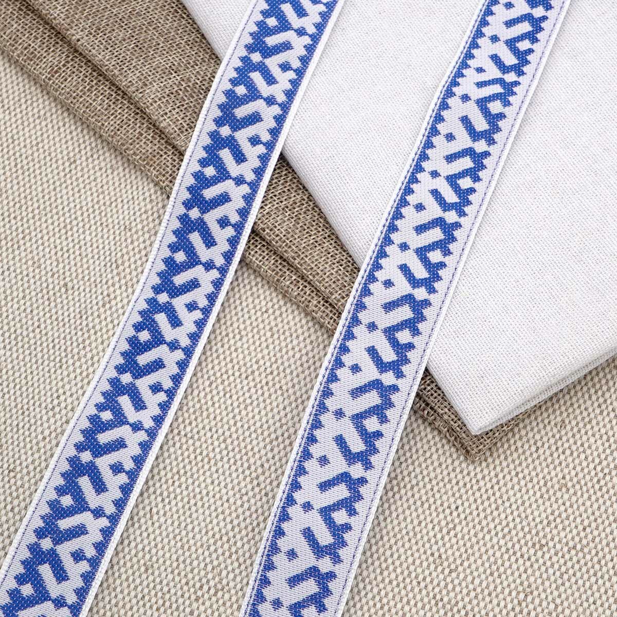 Лента жаккардовая 'Славянский орнамент Оберег', 24 ммх25м (белый/синий), Красная лента