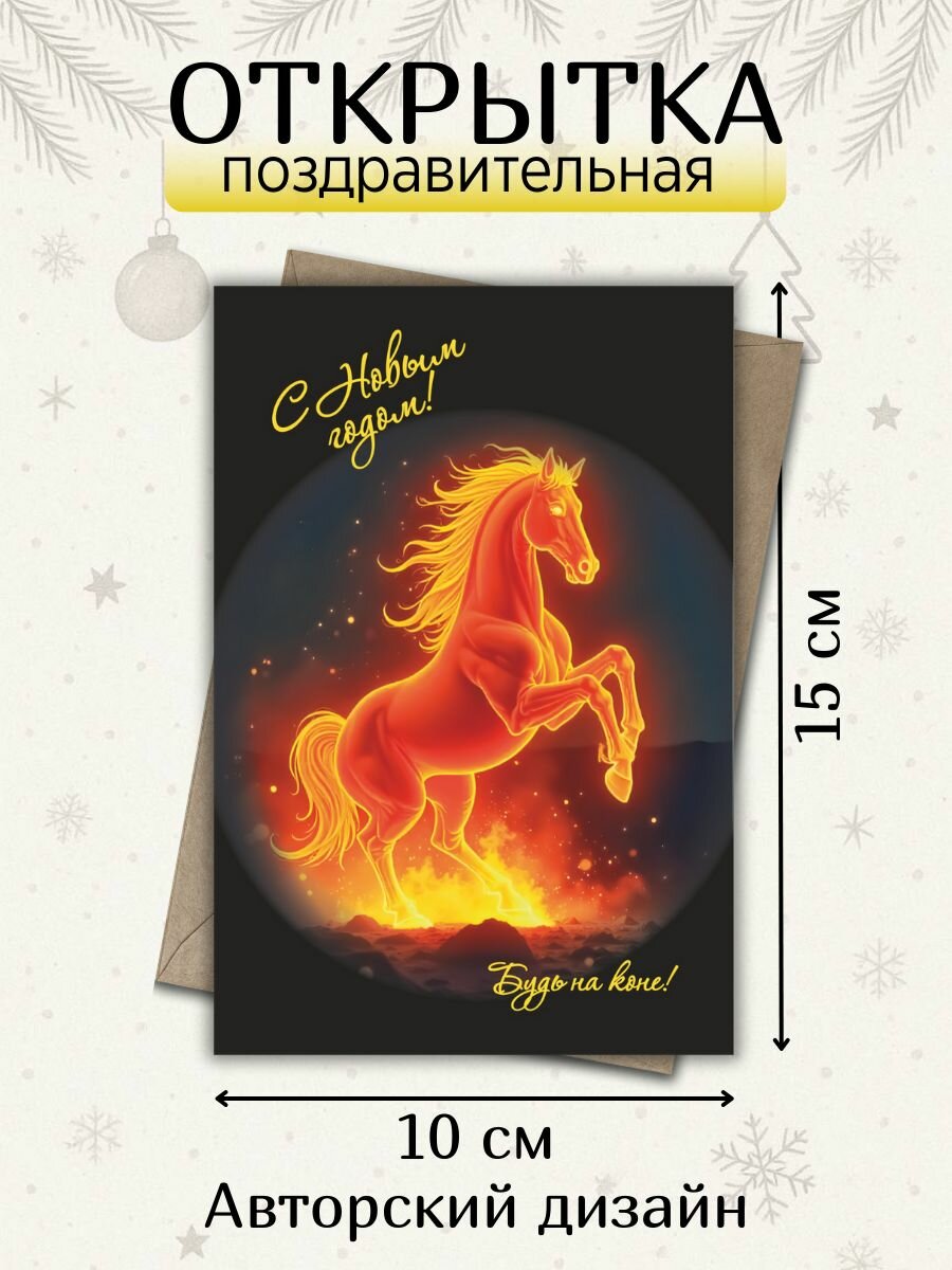 Открытка дизайнерская, С Новым годом "Огненный конь" с конвертом