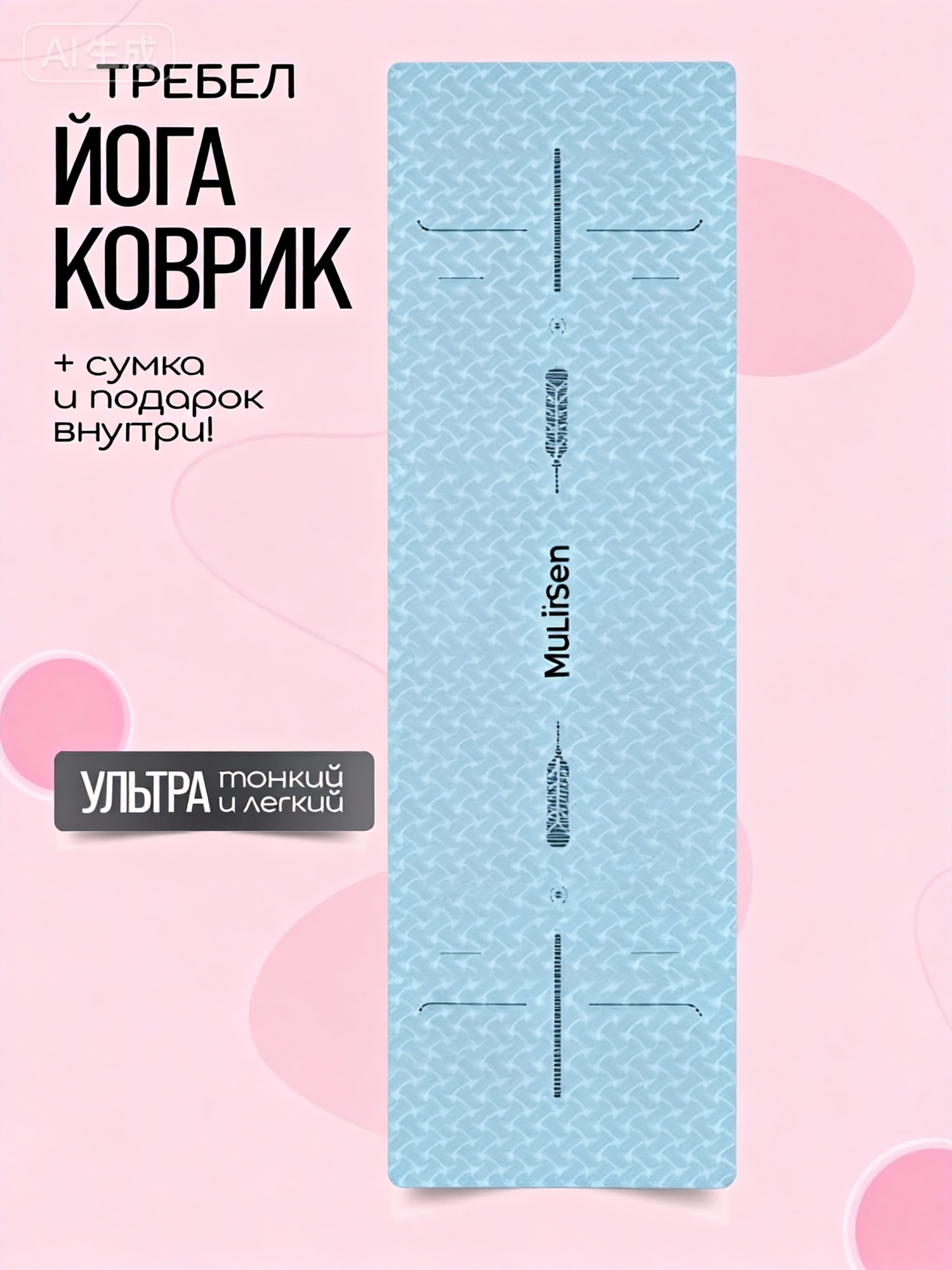 Коврик для фитнеса и йоги "Mulinsen", нескользящий, ТПЕ, чехол, фиолетовый