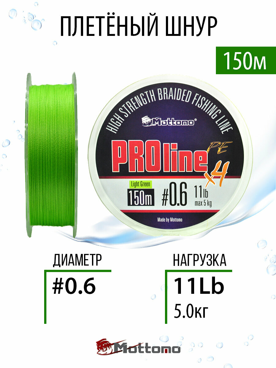 Плетеный шнур Mottomo ProLine PEx4 Light Green #0.6/5kg 150m, рыболовная плетенка