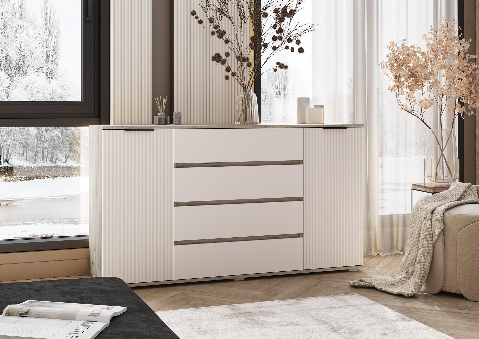 Марвэл Комод 2 двери 4 ящика (1600) (Кашемир, Дуб Крафт серый)