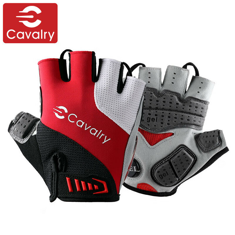 CAVALRY Silicone Half-Finger Gloves, Summer Outdoor Sports Fitness Gloves, Men's And Women's GEL Short-Finger Mountain Bike Road Bike Shock-Absorbing Sweat-Wicking Gloves, Cycling Equipment, Red And White, Size M