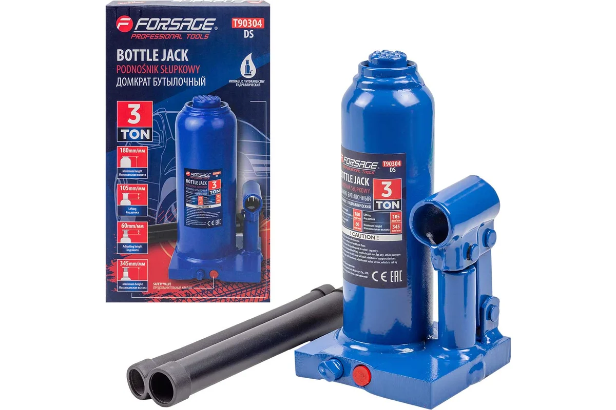 Домкрат гидравлический Forsage 3т, бутылочный, h 180 мм - 345 мм, синий