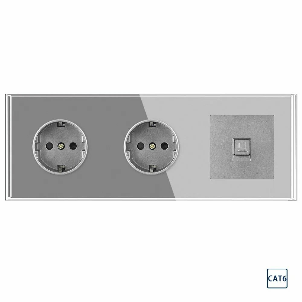 Розетка электрическая 3 поста 220В +Розетка Компьютер RJ-45 CAT6 серый Стекло