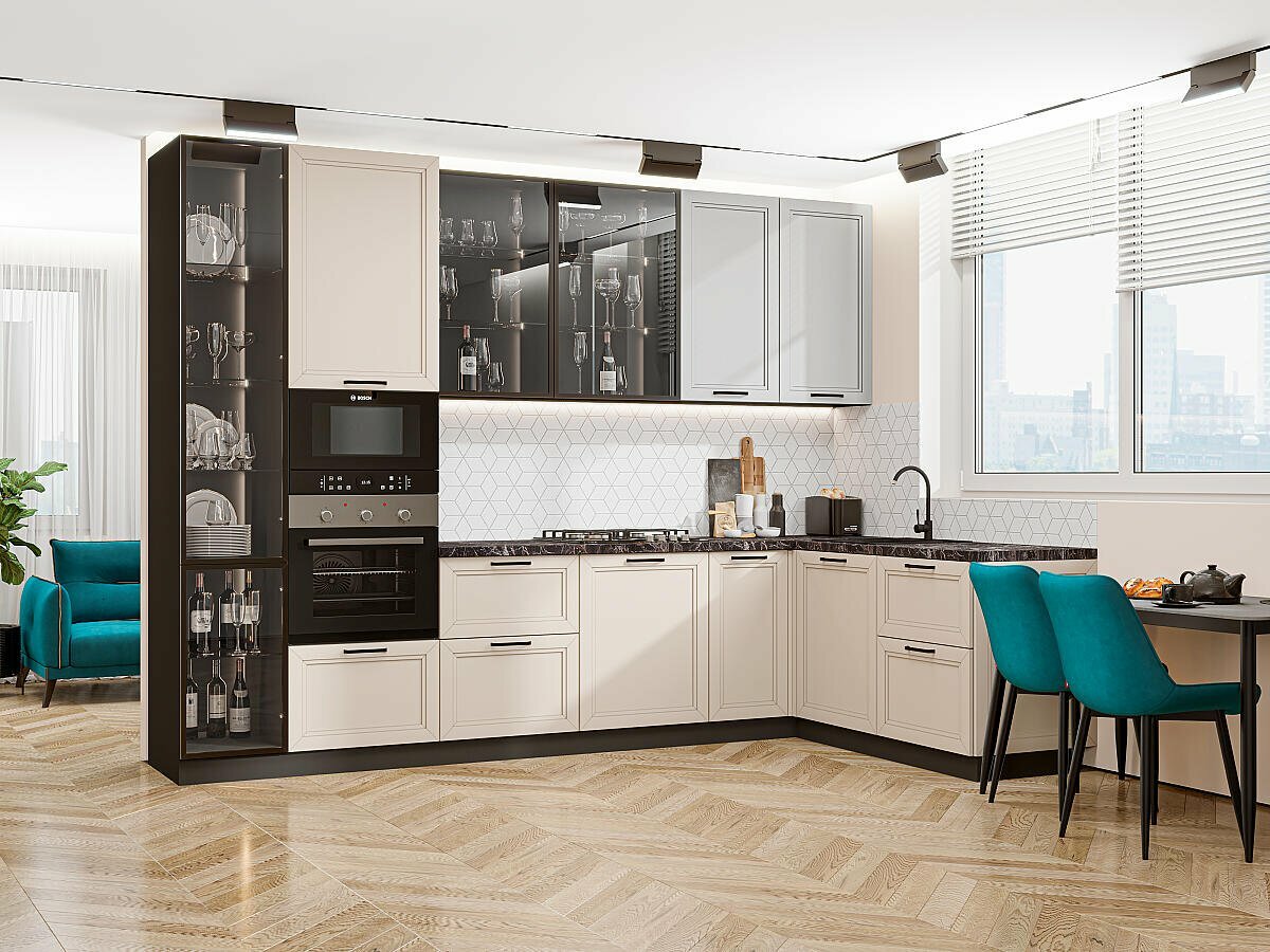 Кухонный гарнитур угловой кухня Нео-04 2340*3200-1800*600 Grey Silk-Cream Silk