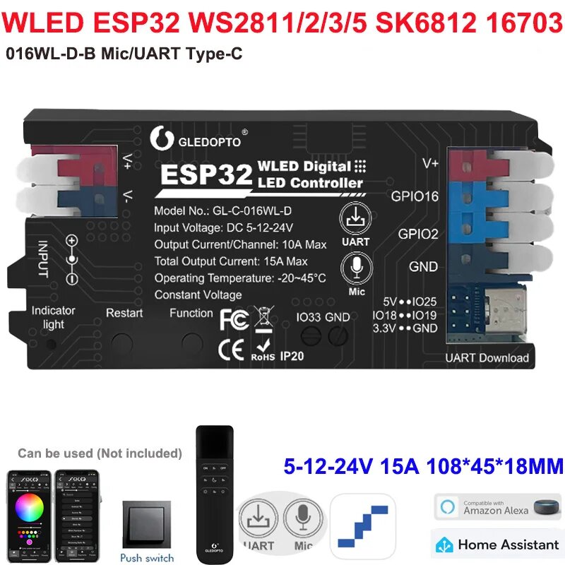 Контроллер ESP32 WLED с микрофоном, звуковая реактивная синхронизация музыки 5 В 12 В 24 В WLED пульт дистанционного управления WS2811/12/13/15 работает с Alexa