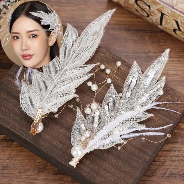 Серебряная расческа для волос с перьями и жемчугом, 41(2pcs)