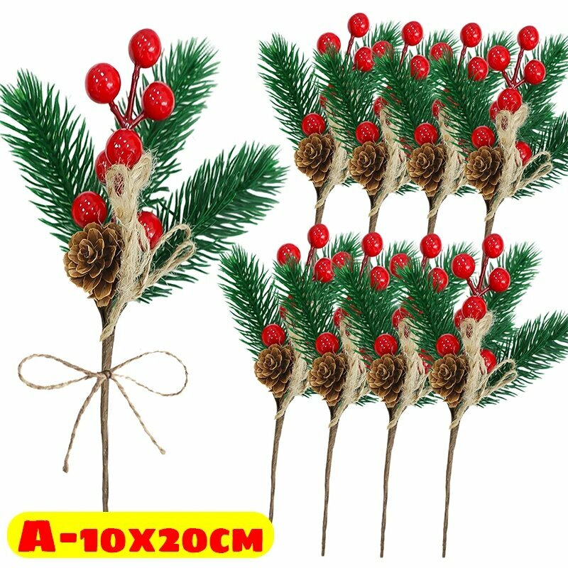 10шт Искусственные сосновые ветки с ягодами и шишками, Цвет: A