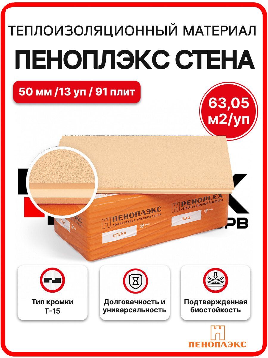 Пеноплекс Стена 50 мм (13уп. / 63,05 м2 / 91 плита) утеплитель из пенополистирола для стен, балкона, фасада, крыши, пола