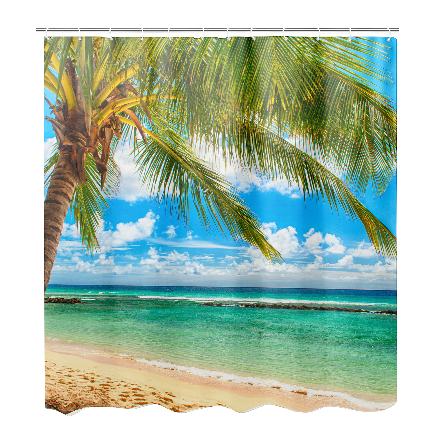 Штора (занавеска) для ванной / душа водоотталкивающая тканевая с кольцами 180 x 180 см Пляж и Океан