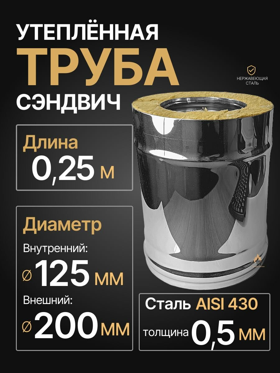 Сэндвич труба термо для дымохода утепленная 0,25 м d 125x200 мм (0,5/430*0,5/430) нерж/нерж "Прок"