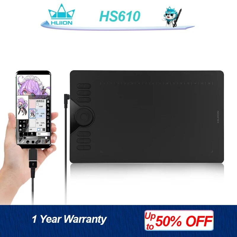 Графический планшет Huion HS610 10x6 дюймов со стилусом без батареи, 12 экспресс-клавиш, совместимых с телефоном Android, ПК с Windows MacOS