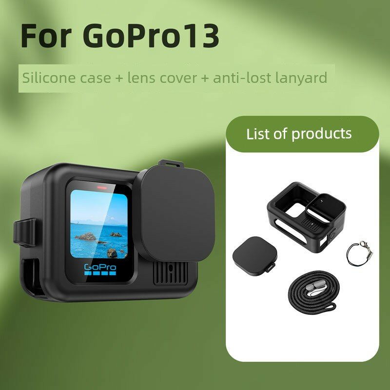 Силиконовый чехол для GoPro 13 черного цвета с включенным объективным колпачком и брелоком для предотвращения потери