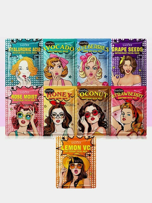 Маска для лица тканевая, набор масок тканевых с авокадо, кокосом, черникой, розой Cool Girls