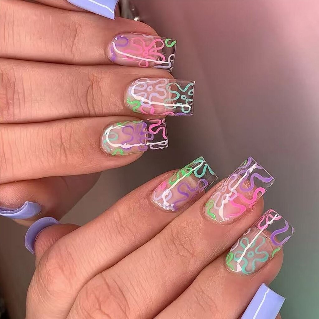 Короткий Квадратный Пресс на Ногтях Французские Типсы Поддельный Ноготь Полное Покрытие Накладного Ногтя с Цветочным Рисунком Искусственный Акриловый Ноготь