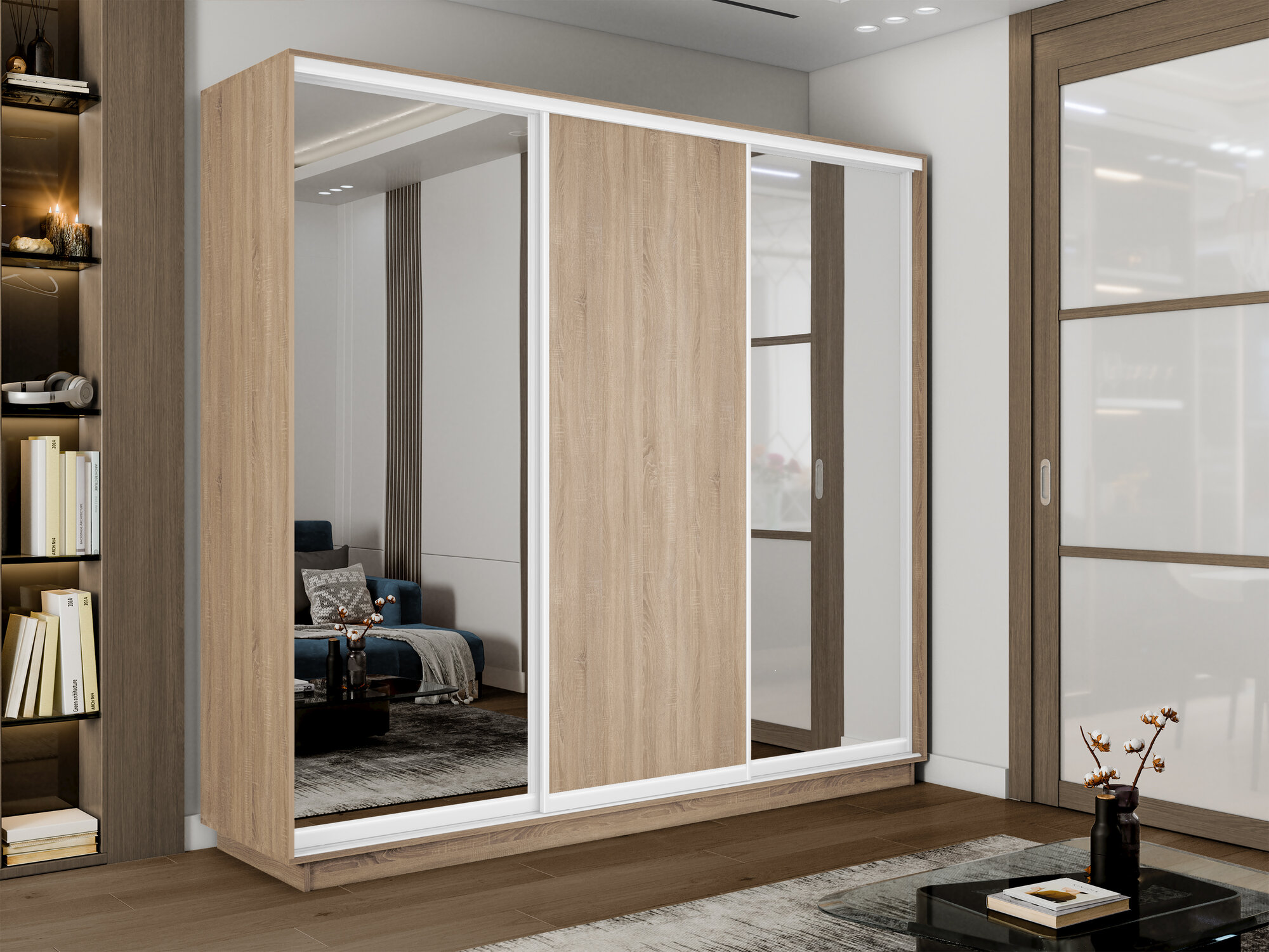 Шкаф купе Вилли 3-х дверный ЛДСП, (2-зеркала/ДСП) , профиль белый 180 см х 220 см х 45 см (Дуб Сонома)