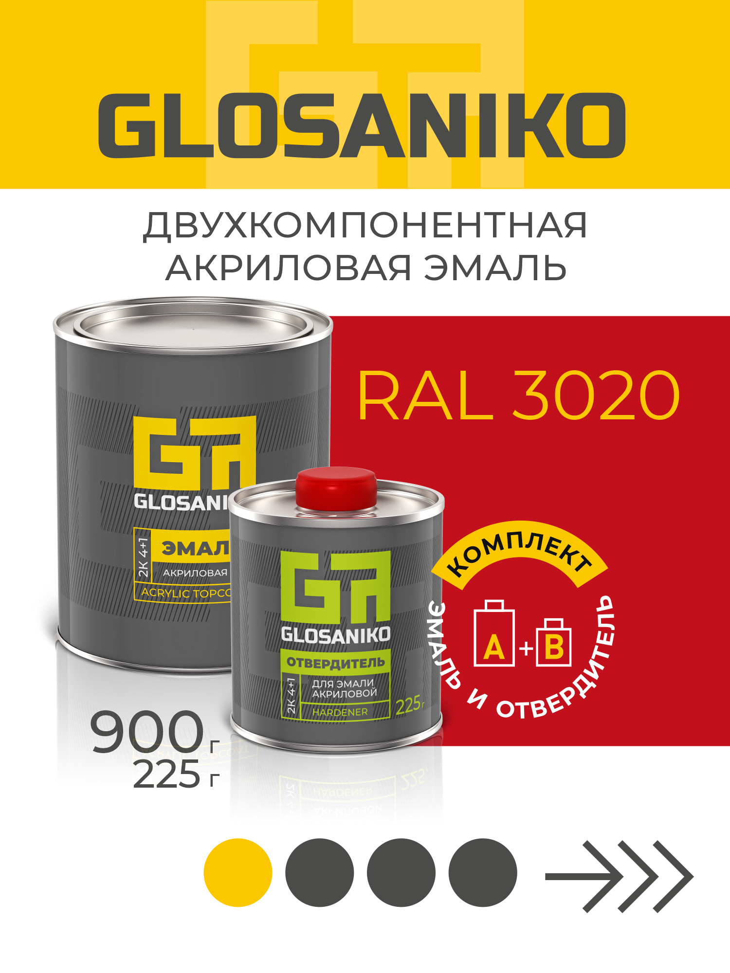RAL 3020, комплект эмаль 0,9кг + отвердитель 0,225кг, Glosaniko Акриловая эмаль 2К 4:1