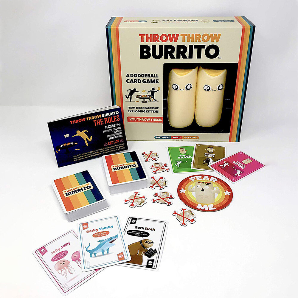 Карточная игра в доджбол Throw Throw Burrito для семейных вечеринок, Reducing Pressure, 7+ лет, 120 карт, 7 жетонов, 2 пены burritos, материал: бумага и резина, размер карты: 87*62 мм, размер burrito: 130*52*52 мм, вес burrito: 53 г, размер упаковки:
