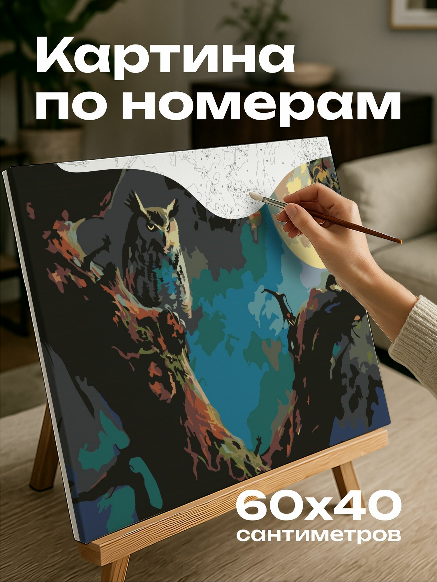 Картина по номерам 60x40 см, картина маслом, завораживающая, мистическая встреча, колдун, мудрая старая сова