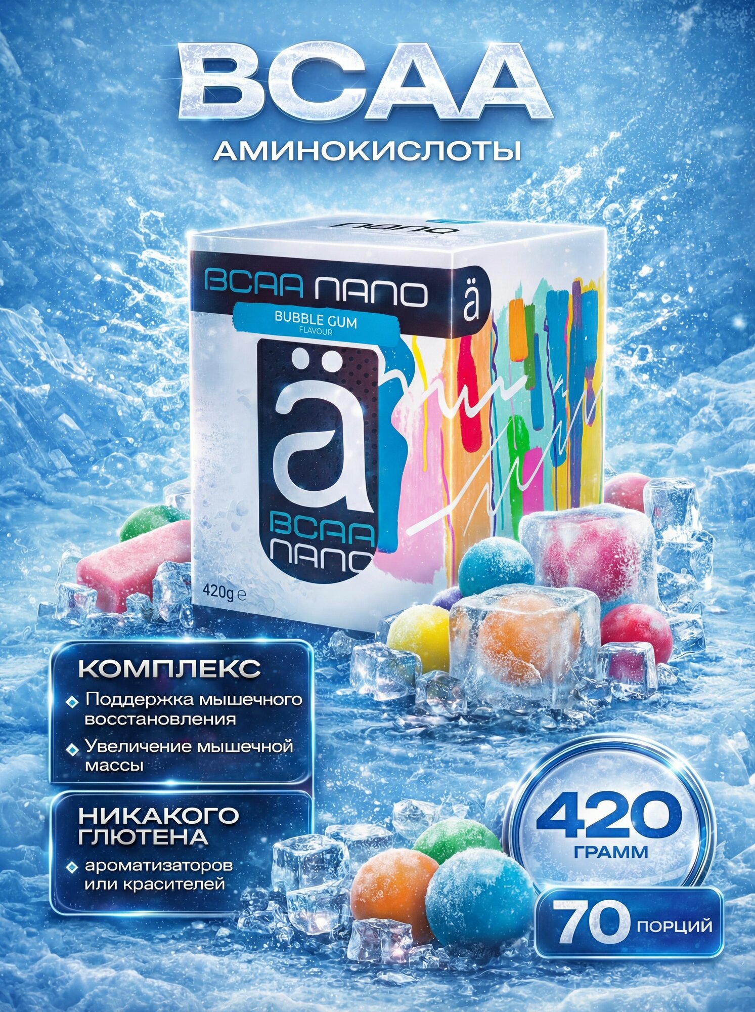 A Nano BCAA, Аминокислоты БЦАА со вкусом "Бабл-гам", 420 грамм
