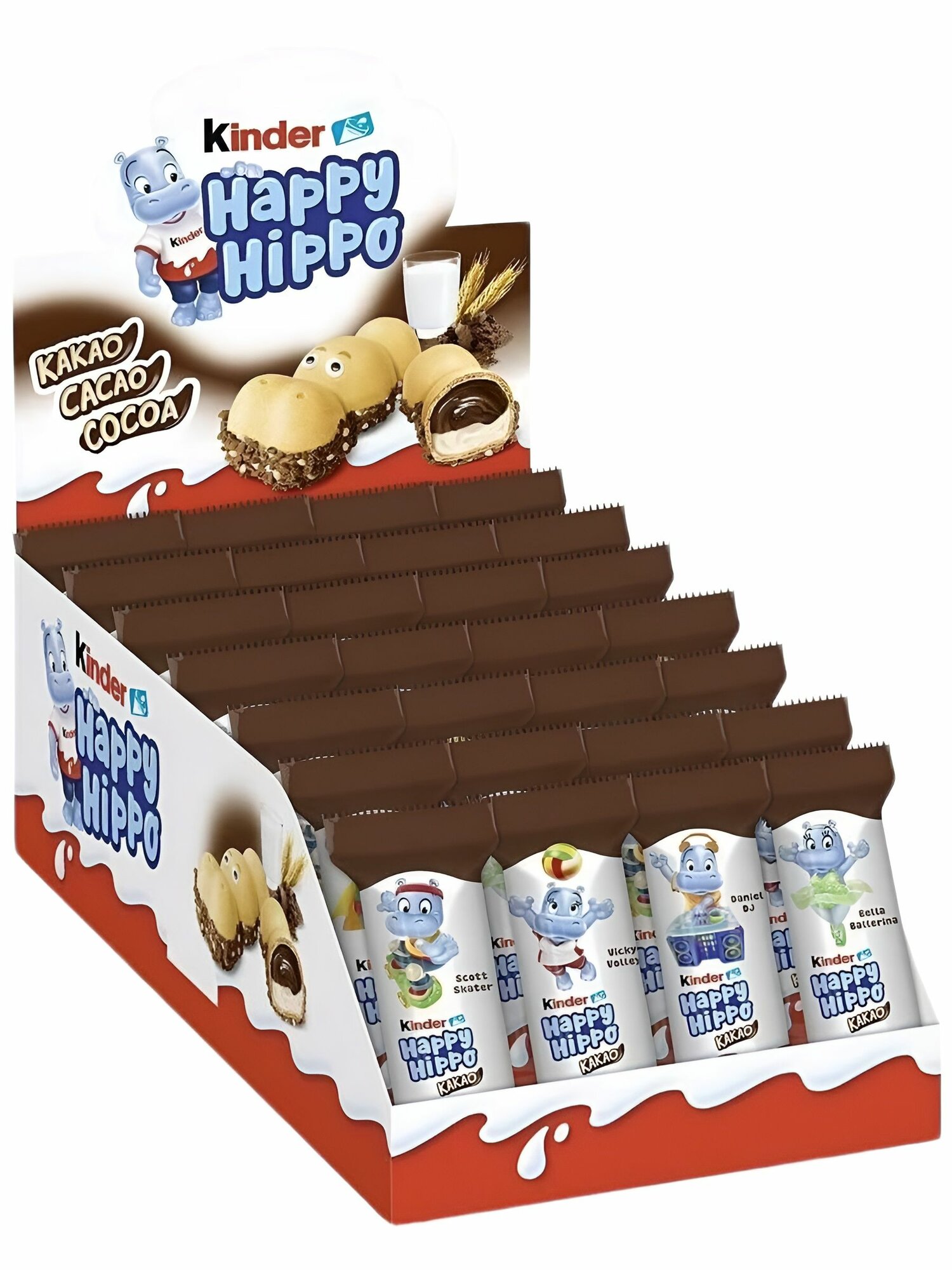 Печенье Kinder Happy Hippo Kakao / Хеппи Хиппо / Счастливые Бегемотики с шоколадом, 1 уп. (28 шт по 20.7 гр.) (Италия)