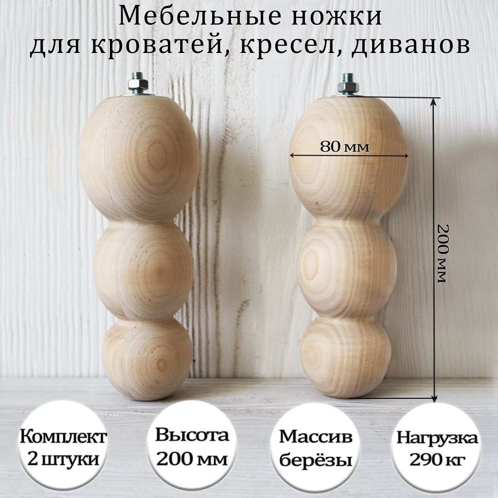 Мебельные ножки для дивана, кровати, шкафа, кресла / высота 200 мм / комплект 2 штуки