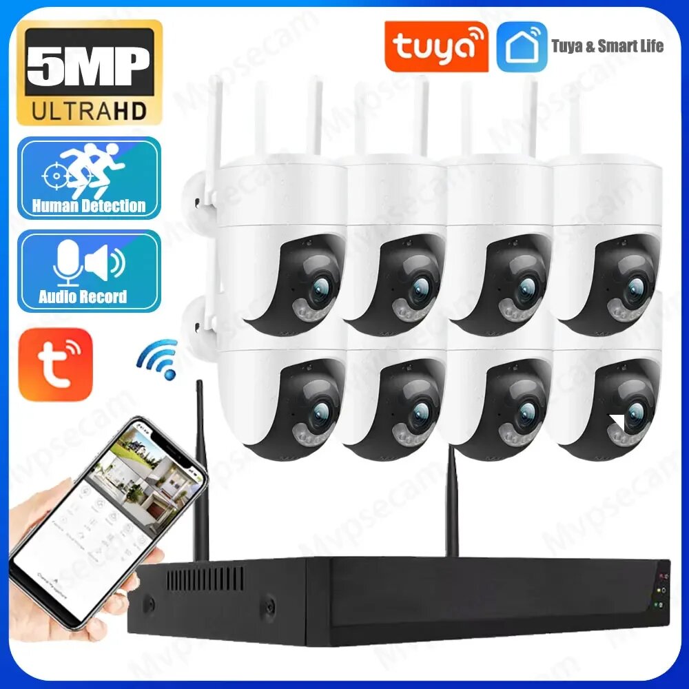 5-мегапиксельная беспроводная система видеонаблюдения CCTV Tuya Smart Life с автоматическим трекингом, двусторонним аудио, PTZ, Wi-Fi, набор видеокамер для безопасности 8CH P2P NVR