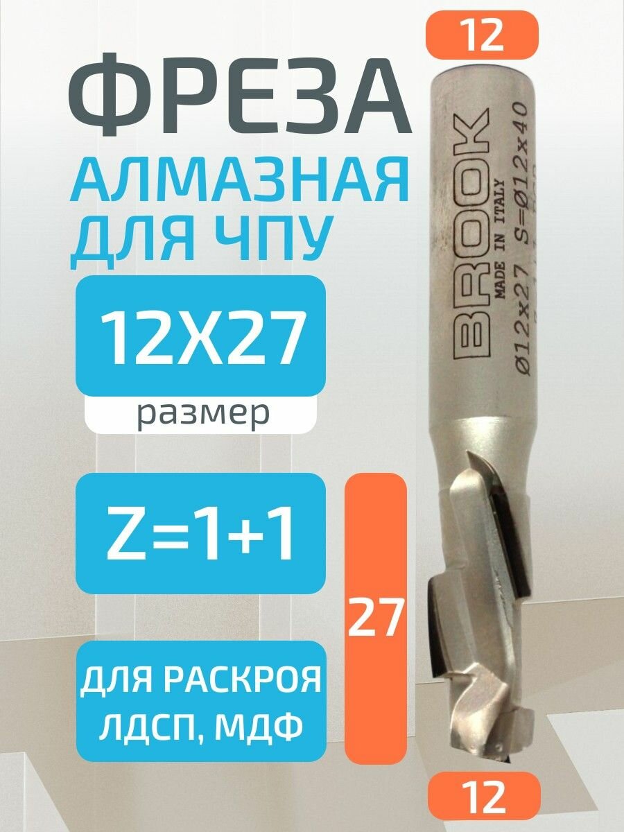 Фреза алмазная для ЧПУ 12мм I 27 L 75 S12х45 RH Z 1+1 ZGP1R1225 BROOK Италия