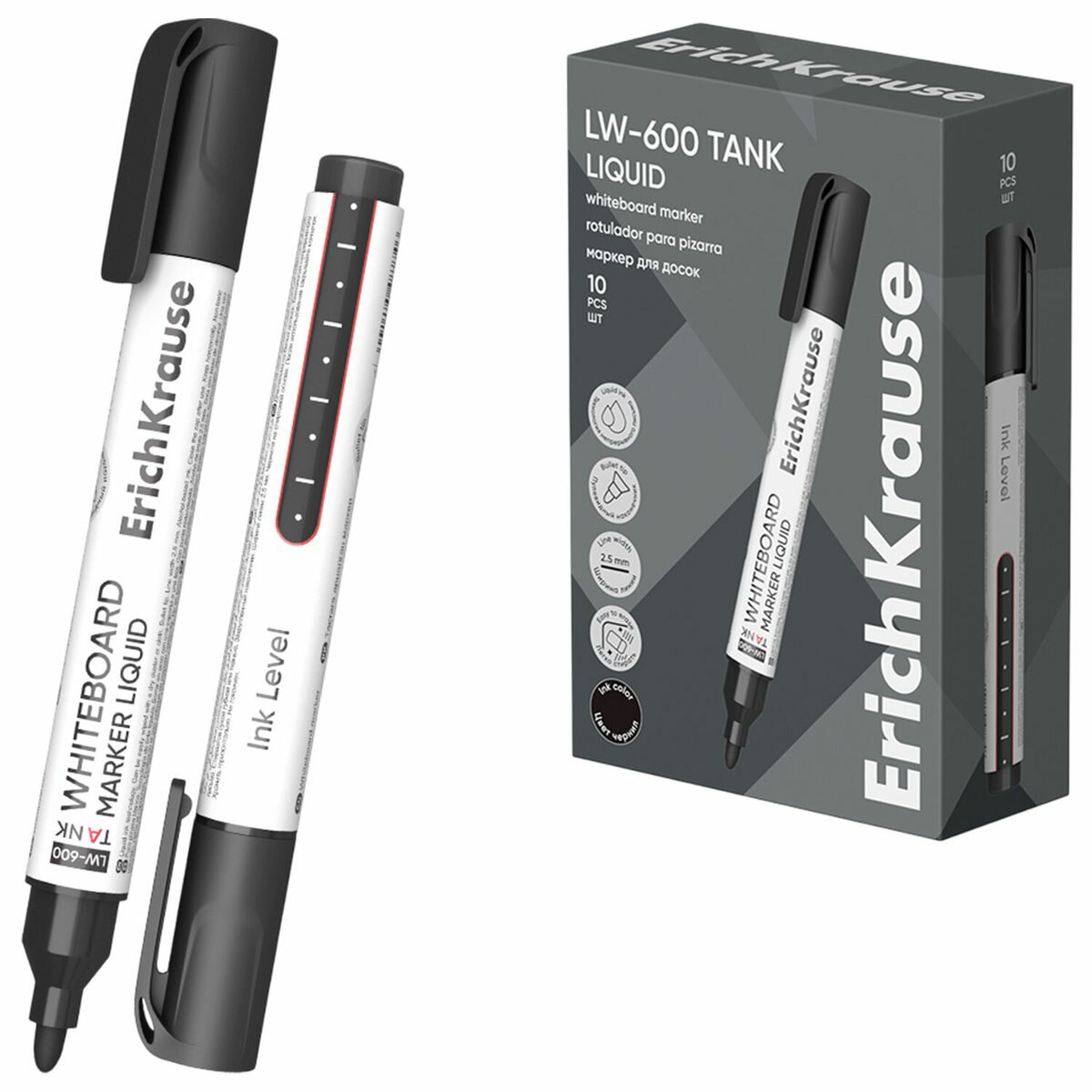 Маркер для досок Erich Krause LW-600 Tank Liquid (круглый наконечник, 2.5мм, черный, жидкие чернила) (48774), 10шт.