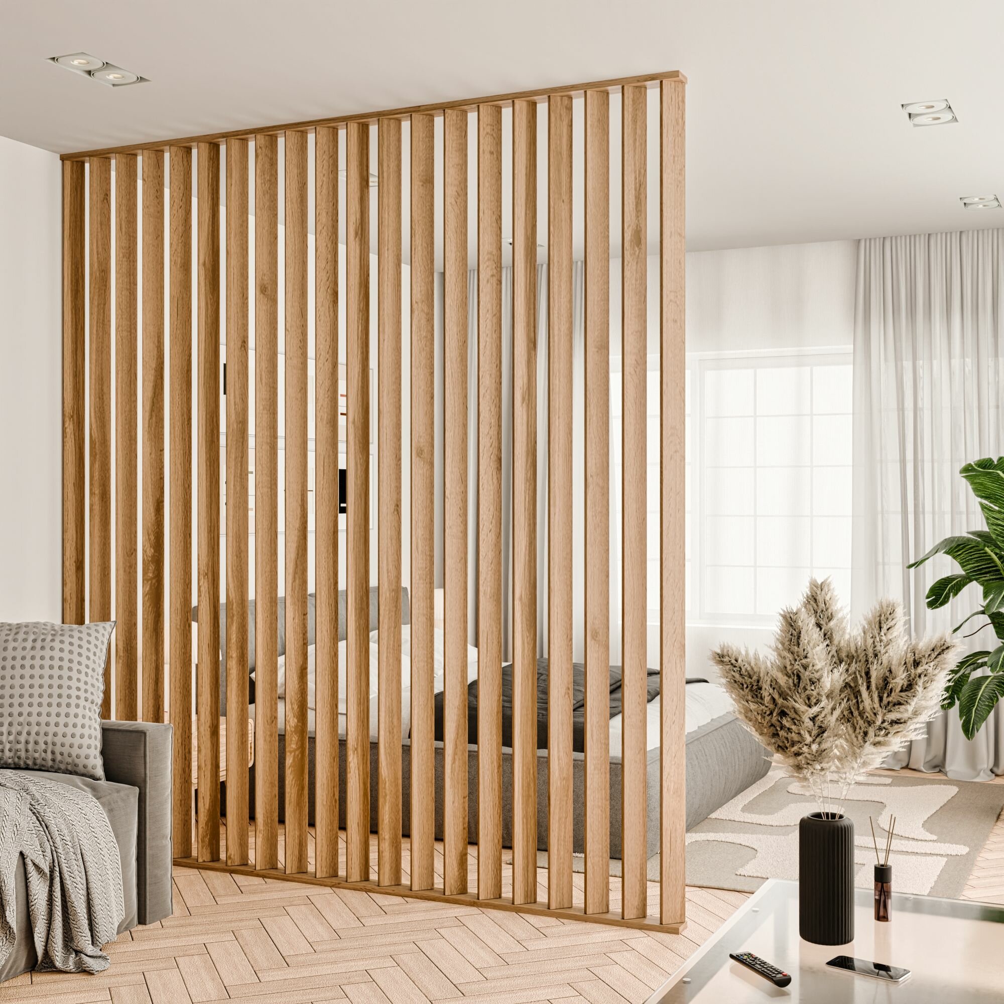 Реечная перегородка для зонирования под 45 градусов шириной 2506 мм, дуб вотан, 22х80 мм