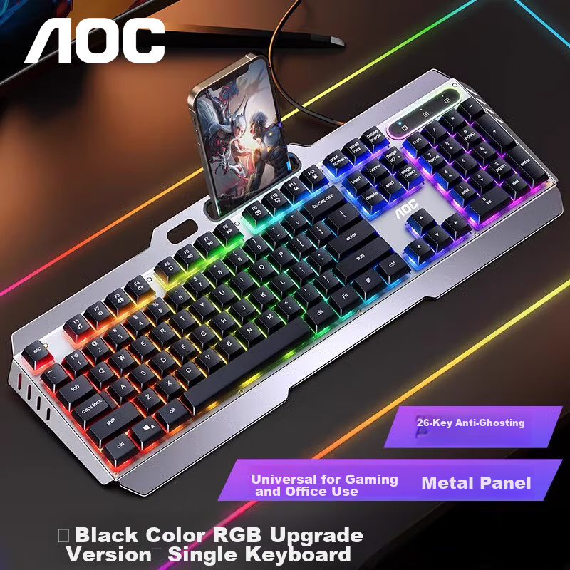 AOCKB122 Wired Keyboard, True Mechanical Feel, Backlit Lighting Effects, Gaming Keyboard, Compatible with Computers And Laptops, Black with Mixed Lighting
