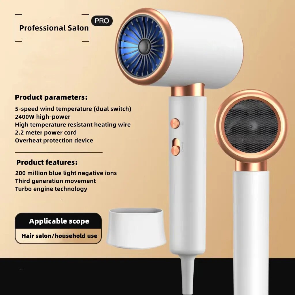 Новый высокоскоростной фен для волос мощностью 2400 Вт, быстрое высыхание, синий цвет, тихий Фен с отрицательными ионами для дома, парикмахерской