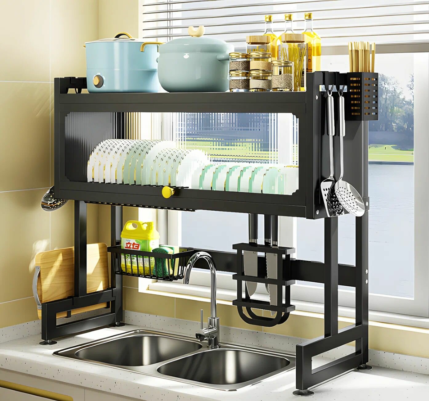 Стеллаж для раковины, кухонный, многофункциональный, черный, 95 см