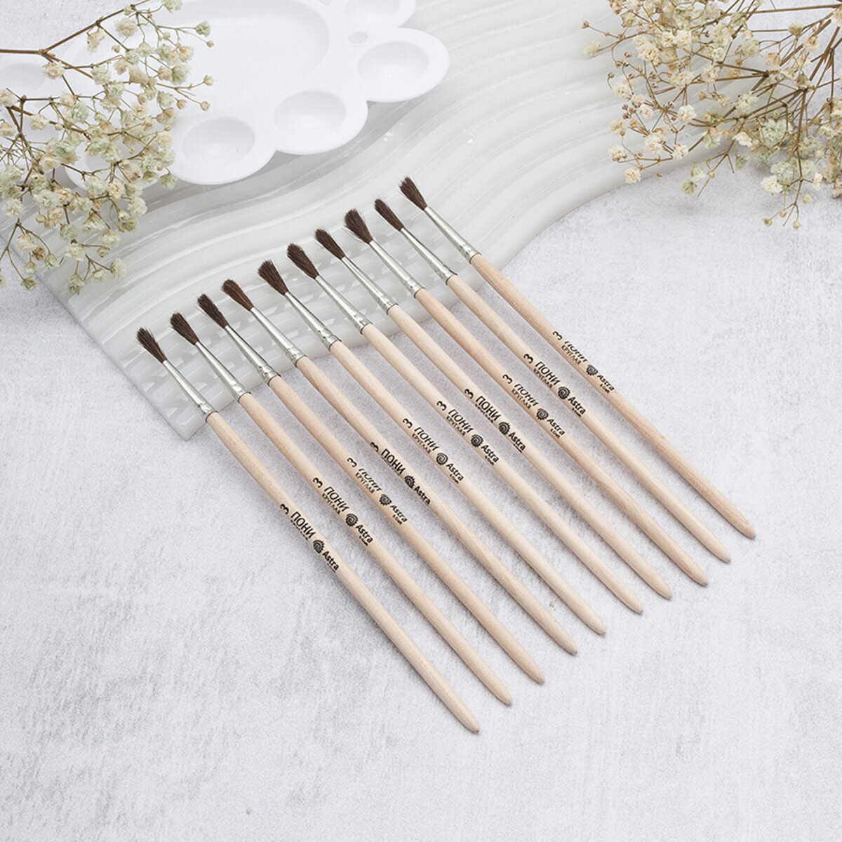 Кисточки для рисования натуральные № 3, 10 шт, круглые, пони, Astra&Craft