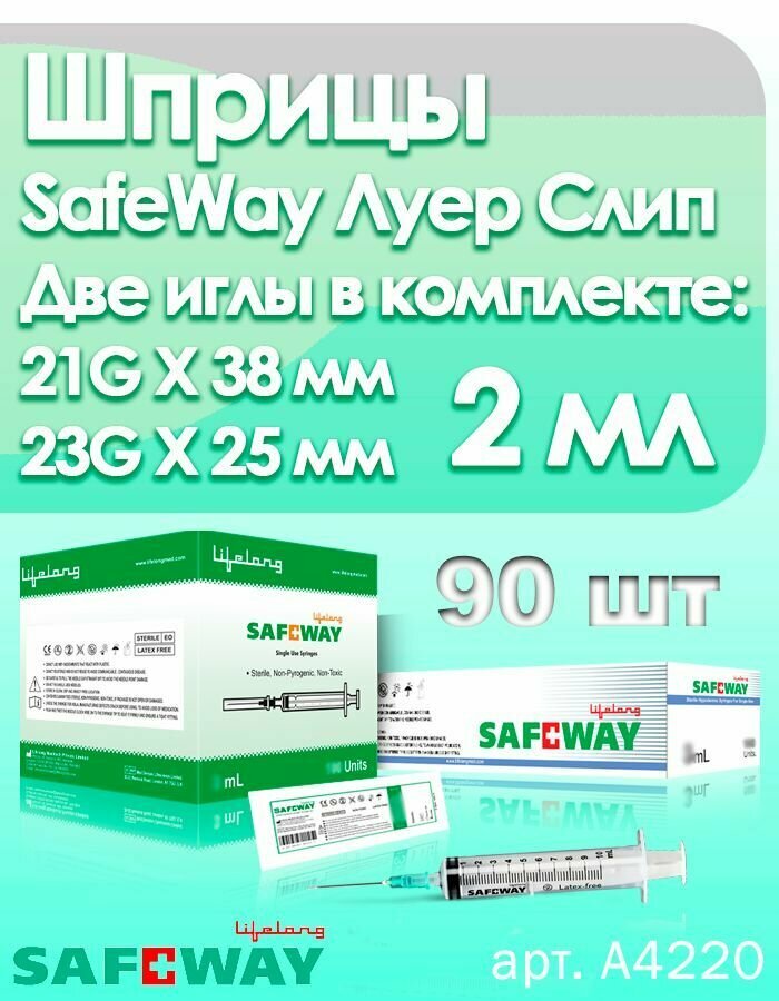 Шприцы инъекционные однократного применения стерильные Safeway 2 мл с двумя иглами 21G(0,80x 38 мм), 23G(0,60x 25 мм) с коннектором Луер Слип